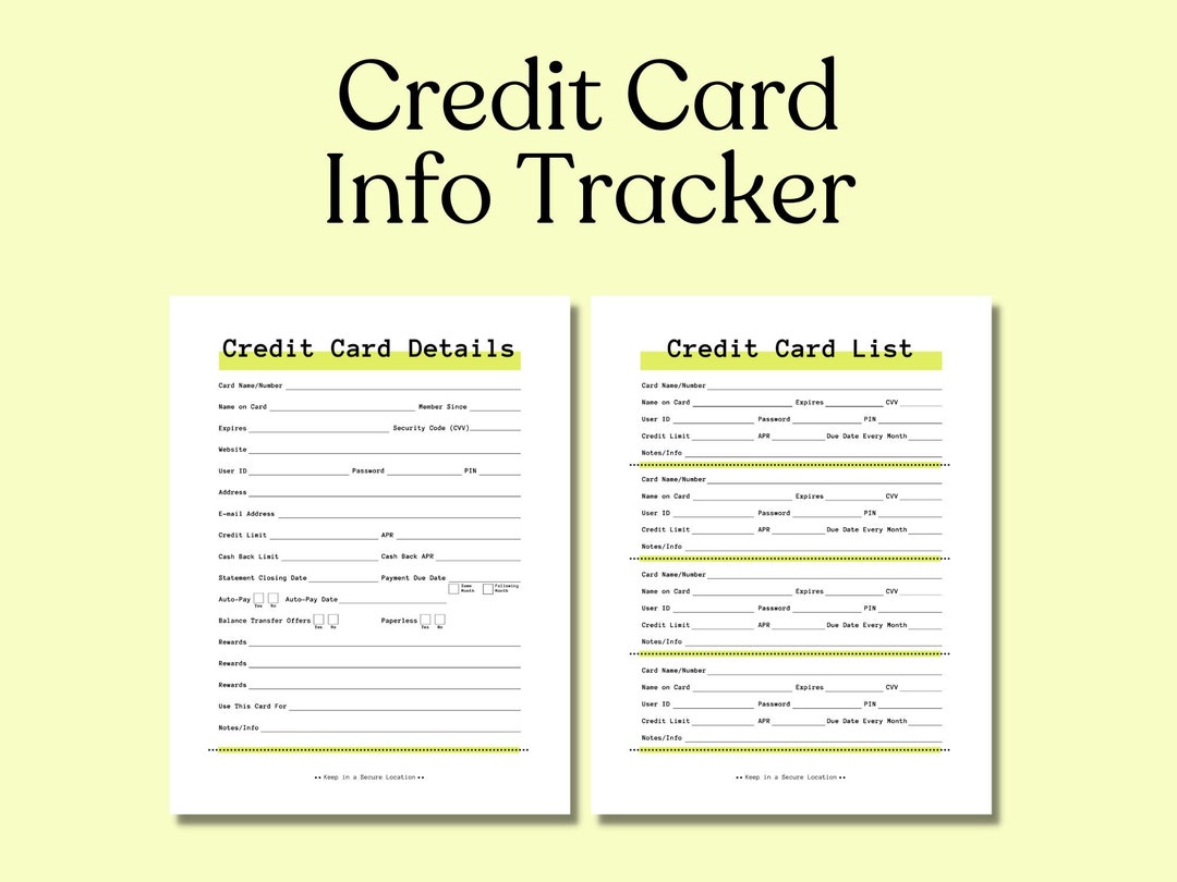 Credit Card Info Tracker: Printable Organizer (digital Download) - Etsy