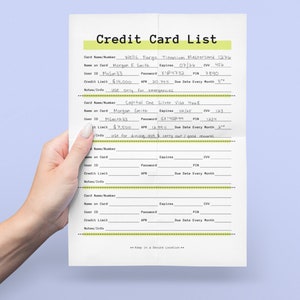 Credit Card Info Tracker: Printable Organizer (digital Download) - Etsy