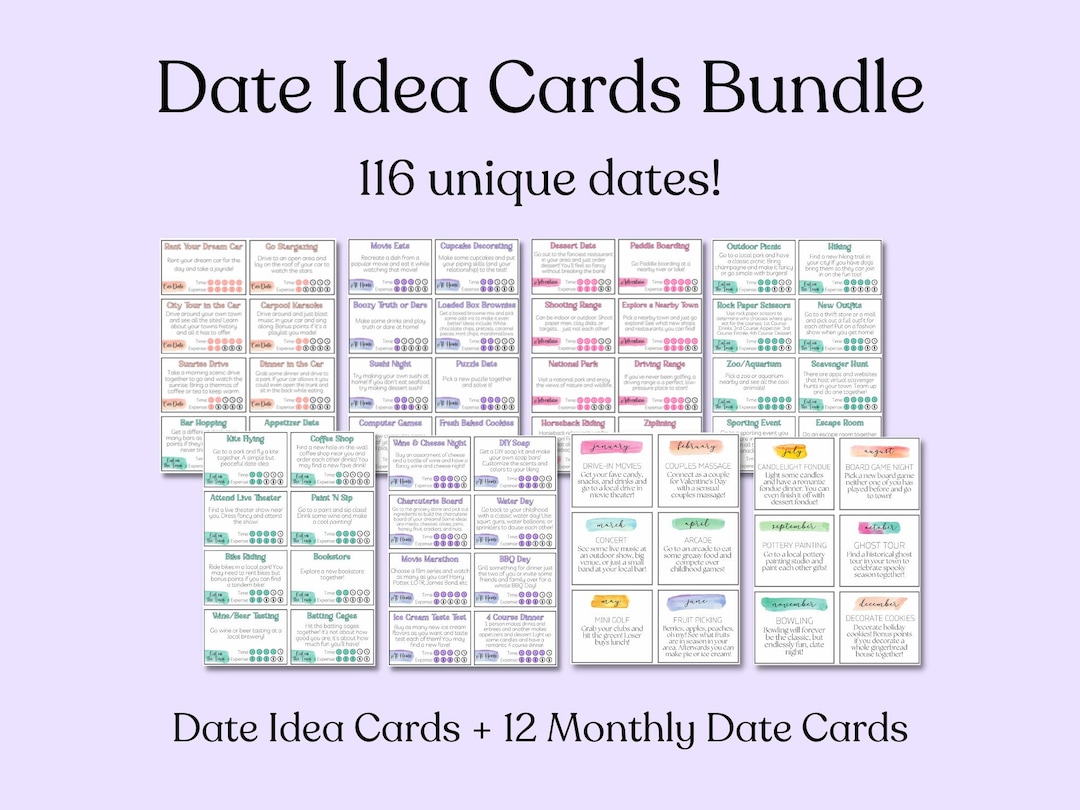 Date Idea Cards Bundle: 116 Unique Dates (printable PDF Digital ...