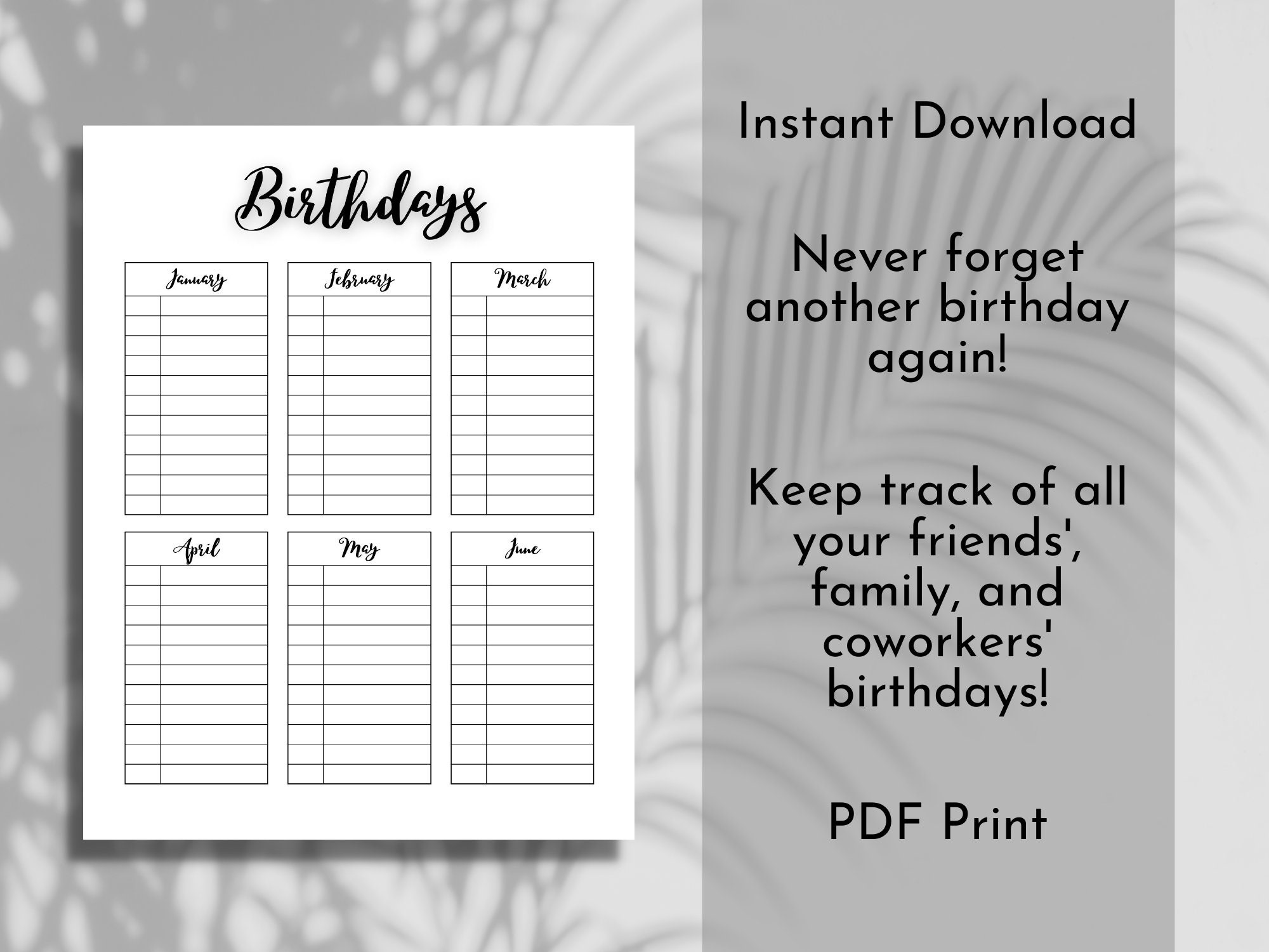 Birthday Tracker Birthday Log Instant Digital Download - Etsy