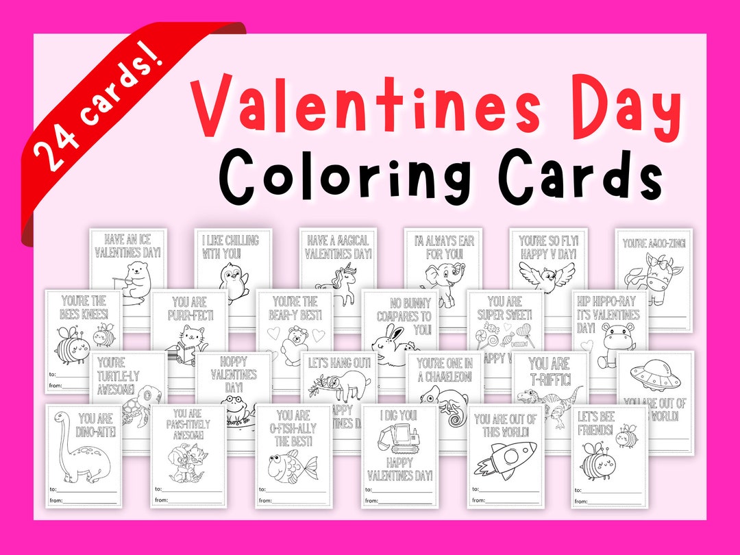 Valentine Coloring Cards Printable Valentine's Day Cards - Etsy