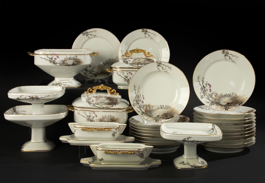 29-piece French Antique Dinner Set Porcelain Handpainted With Castle ...