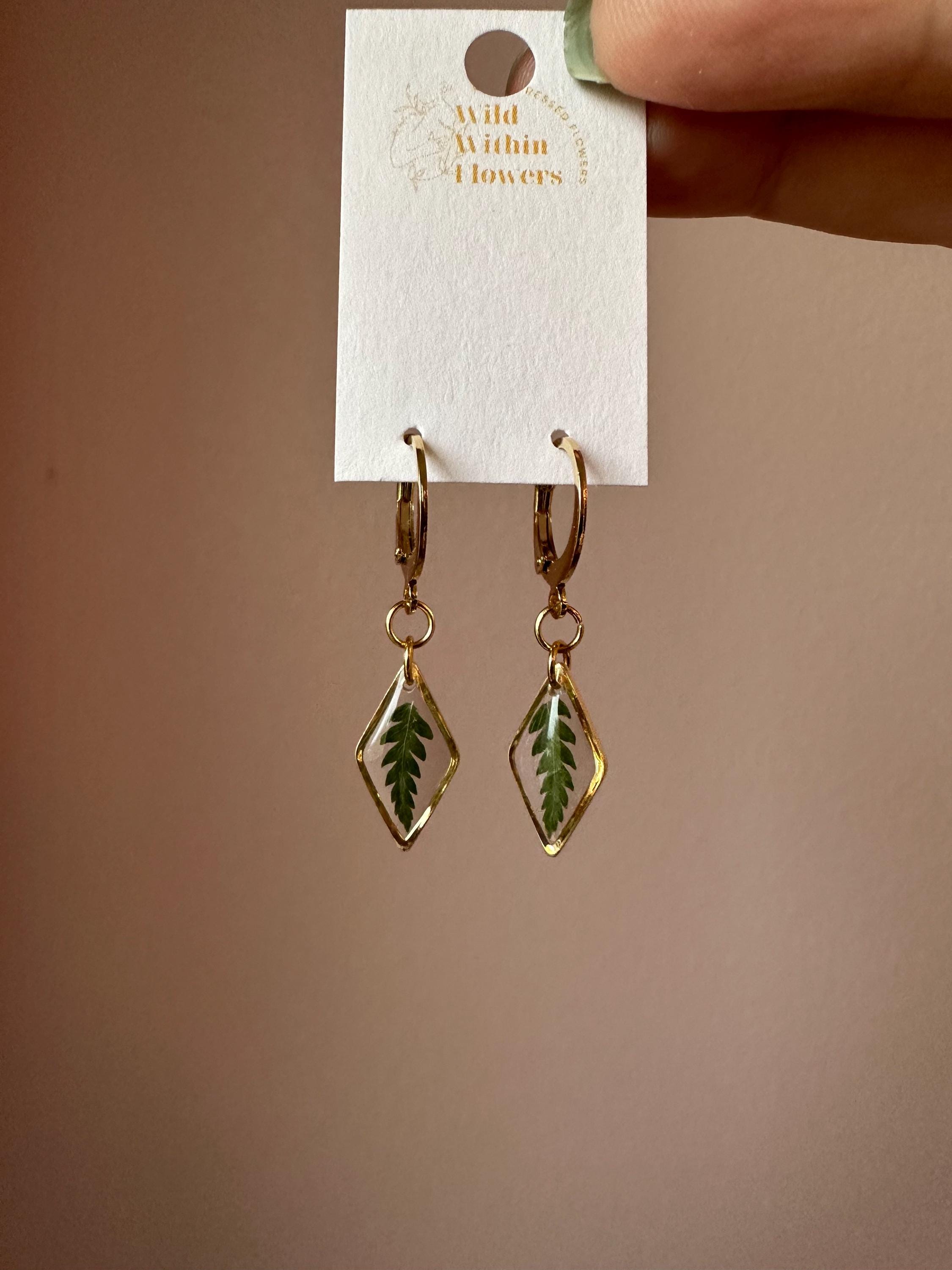 Dainty Feather Fern Diamond Shape Earrings | Real Flowers | Gifts - Etsy