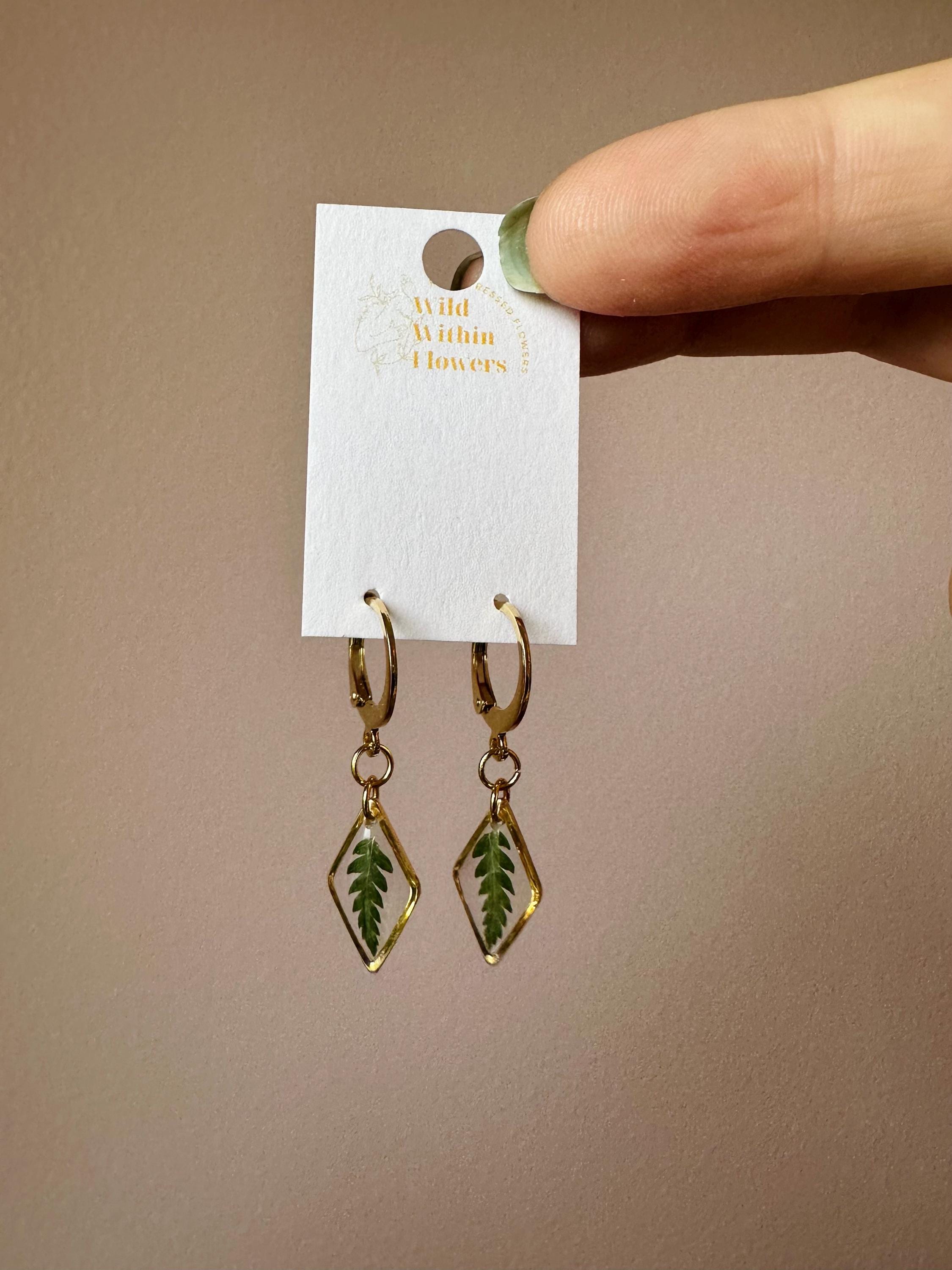Dainty Feather Fern Diamond Shape Earrings | Real Flowers | Gifts - Etsy