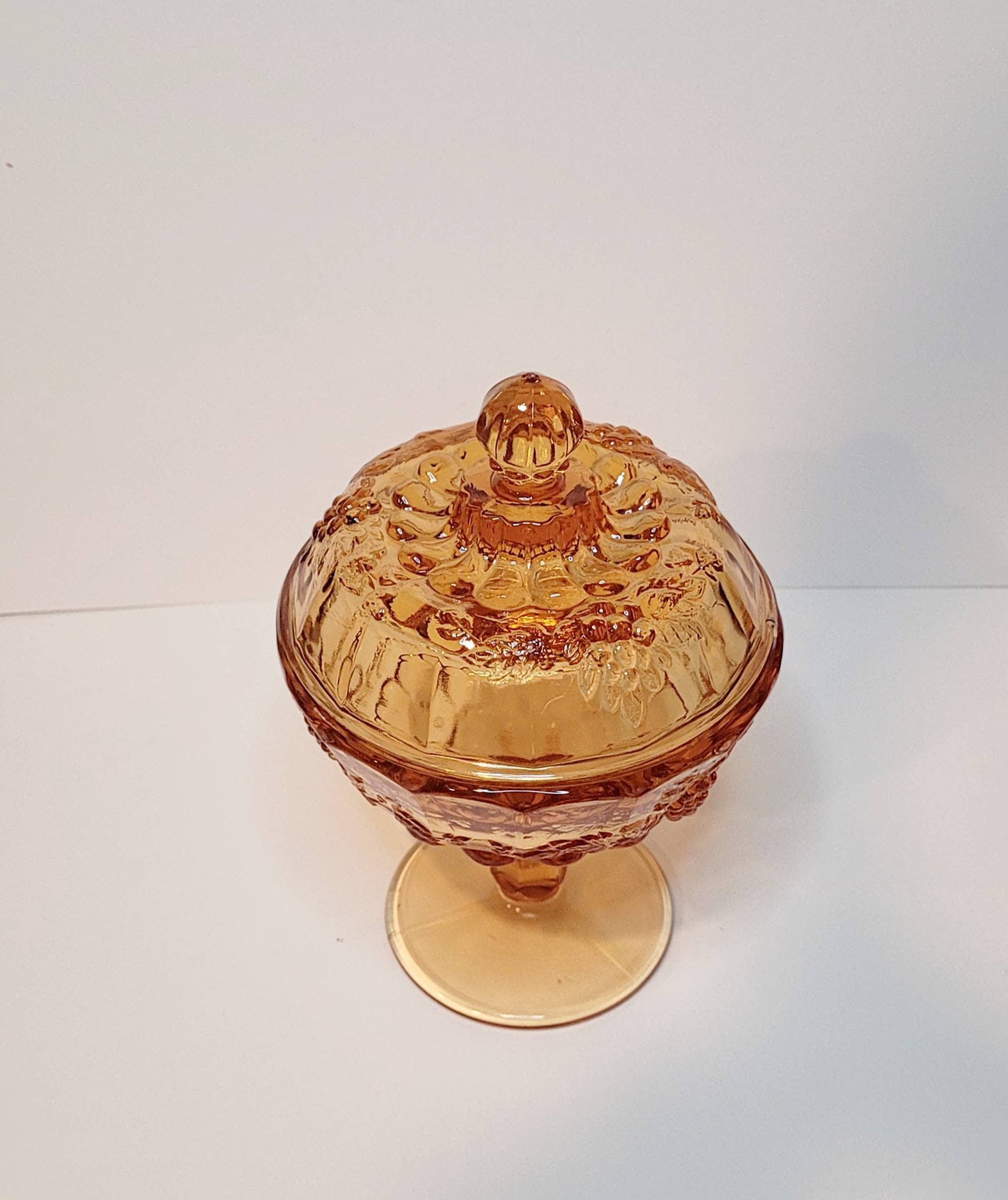 Vintage Amber Glass Grape Paneled Covered Compote Mid-Century Home ...