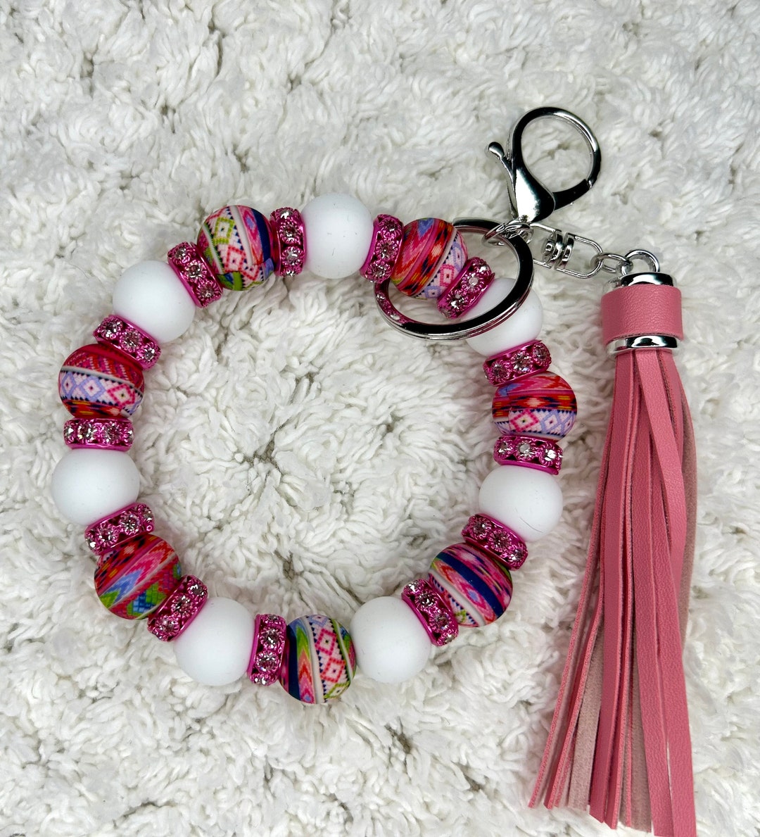 Pink Aztec With White Bead Wristlet Keychain Kit With Keychain Dangle ...