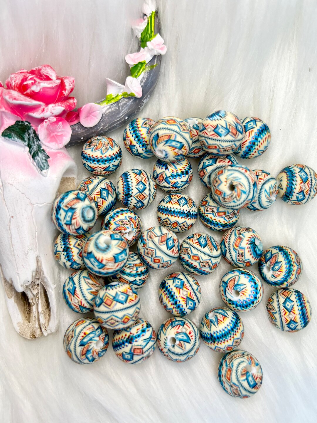 5 Pack Blue and Orange Western Aztec 15mm Bead, Bead Beaded Pen, Beaded ...