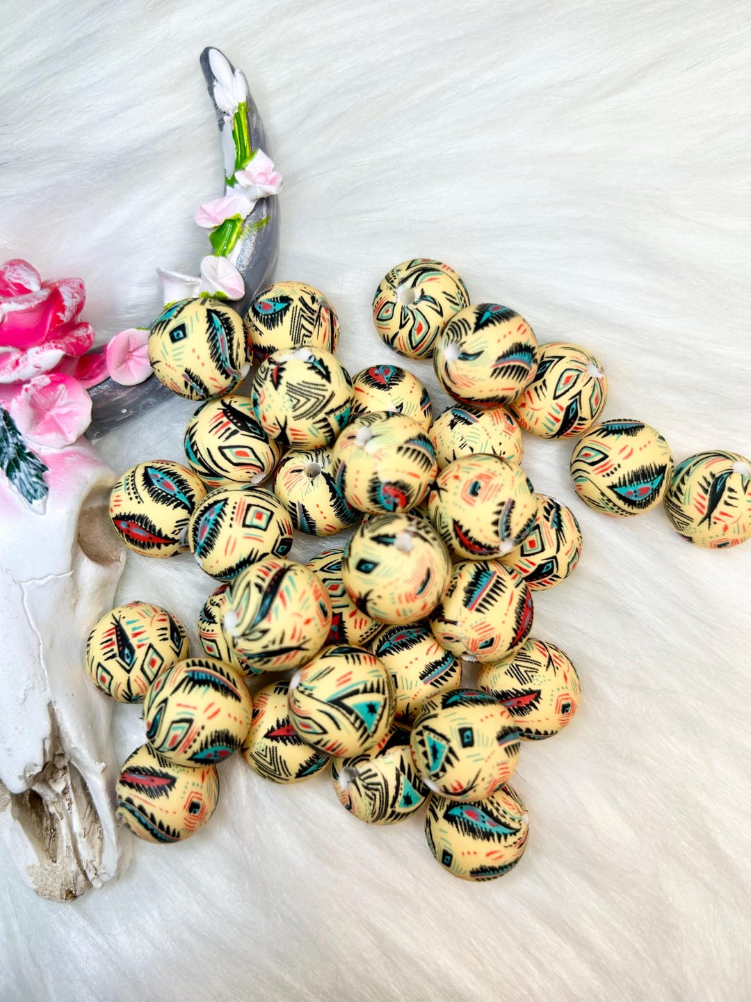 5 Pack Aztec Cream Black Red and Turquoise 15mm Pattern/printed Beads ...