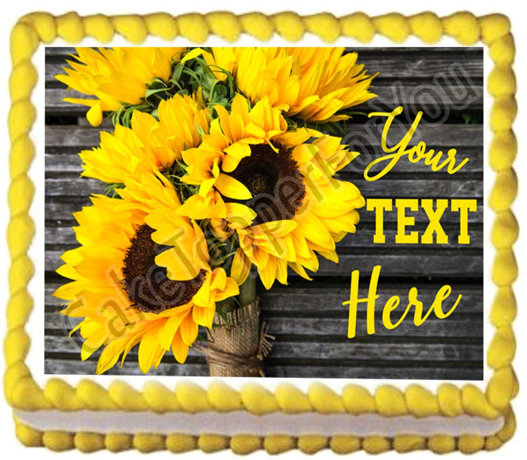 Yellow Sunflower Bouquet on Wooden Rustic (nr2) - Edible Cake or ...