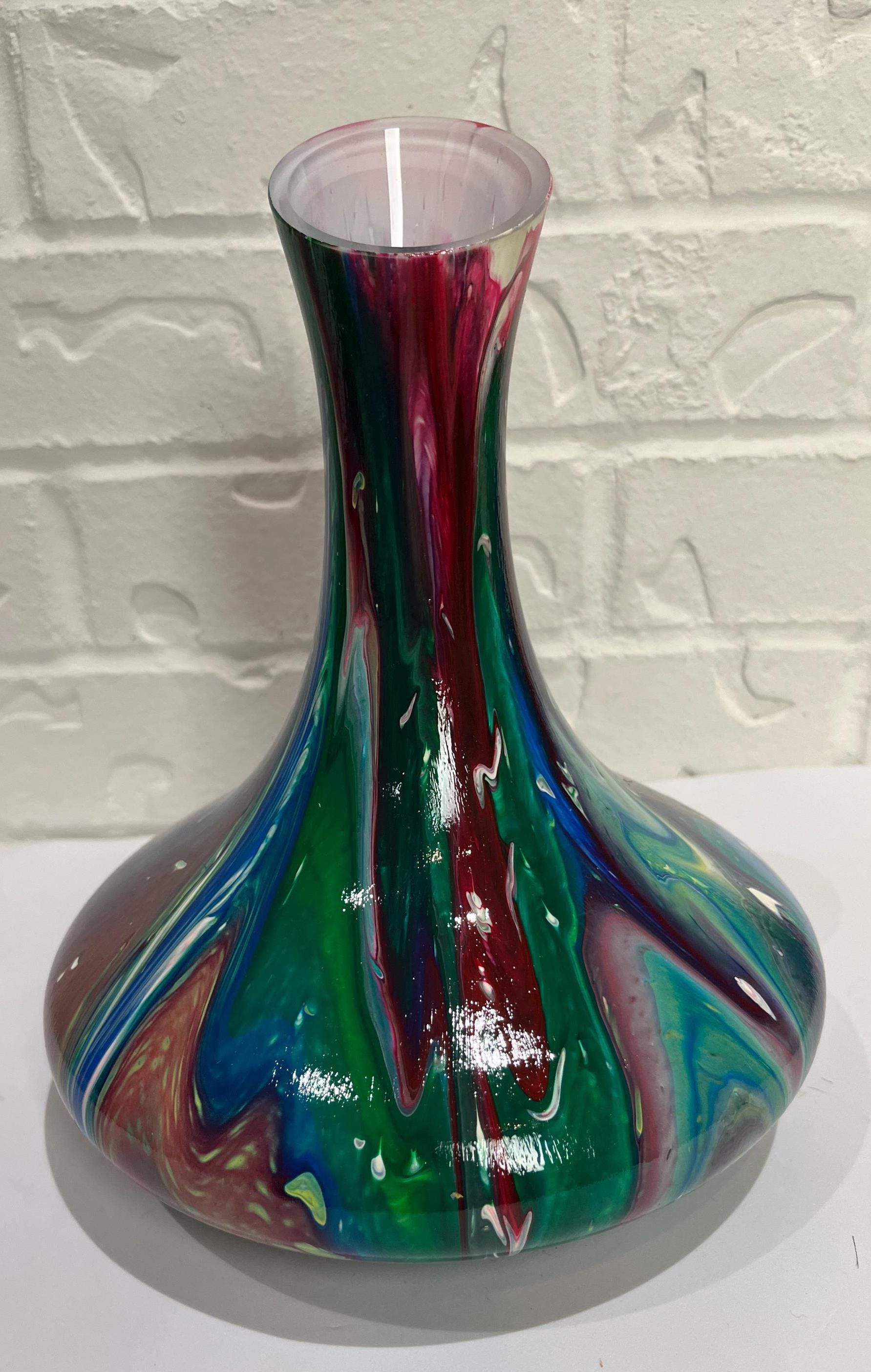 Dark Multi Colored Narrow Neck Glass Vase Hand Painted - Etsy