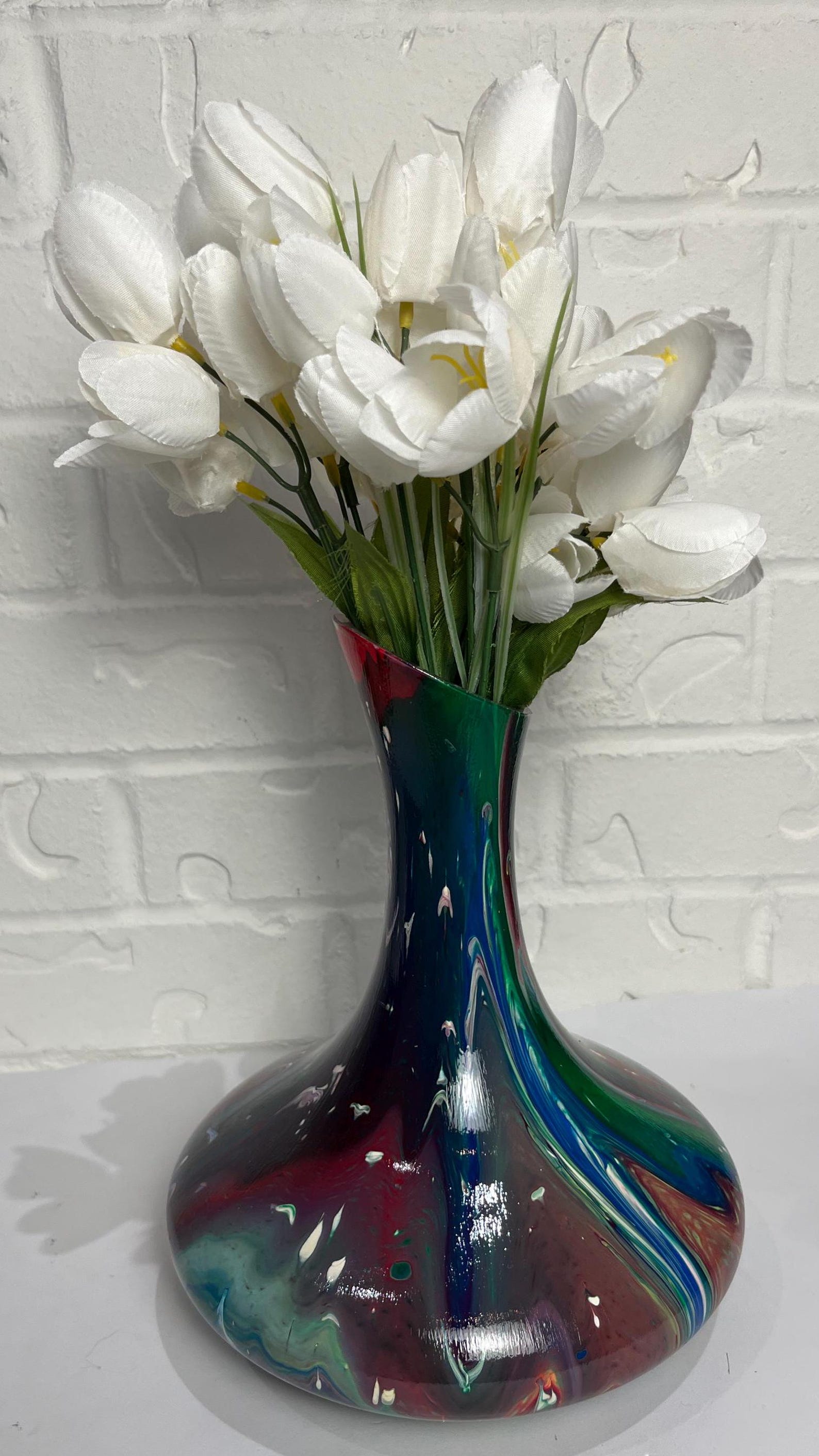 Dark Multi Colored Narrow Neck Glass Vase Hand Painted - Etsy