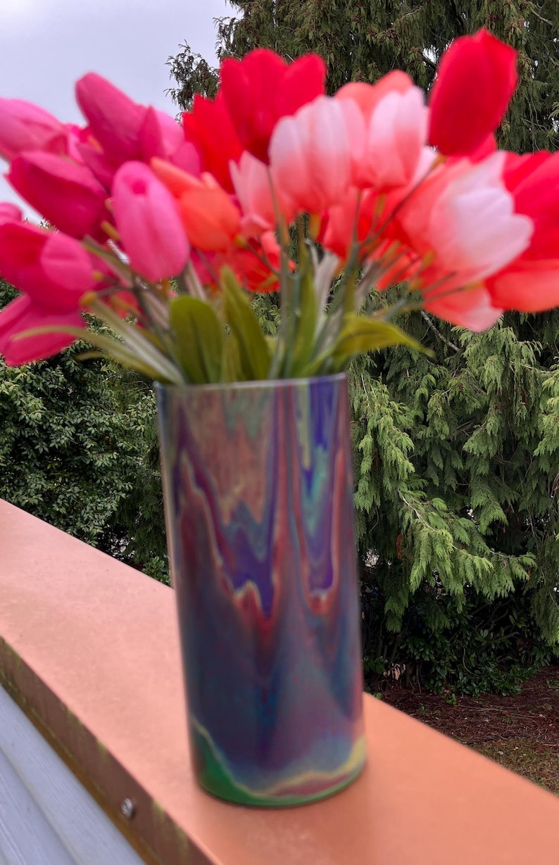Dark Multicolor Cylinder Glass Vase Reds Blues Greens Yellow White - Etsy