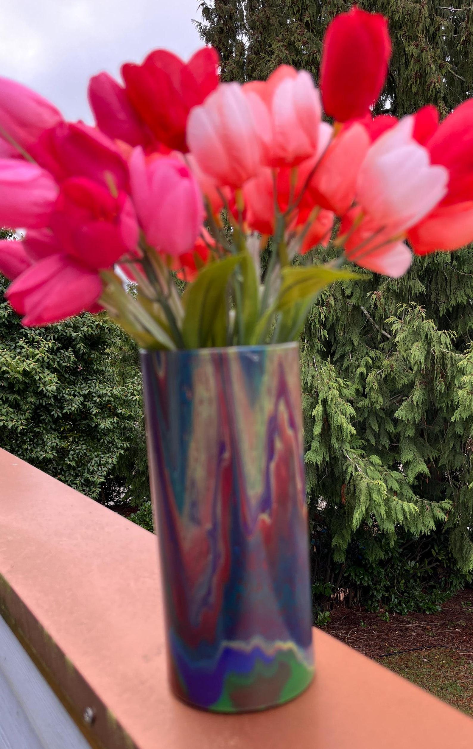 Dark Multicolor Cylinder Glass Vase Reds Blues Greens Yellow White - Etsy