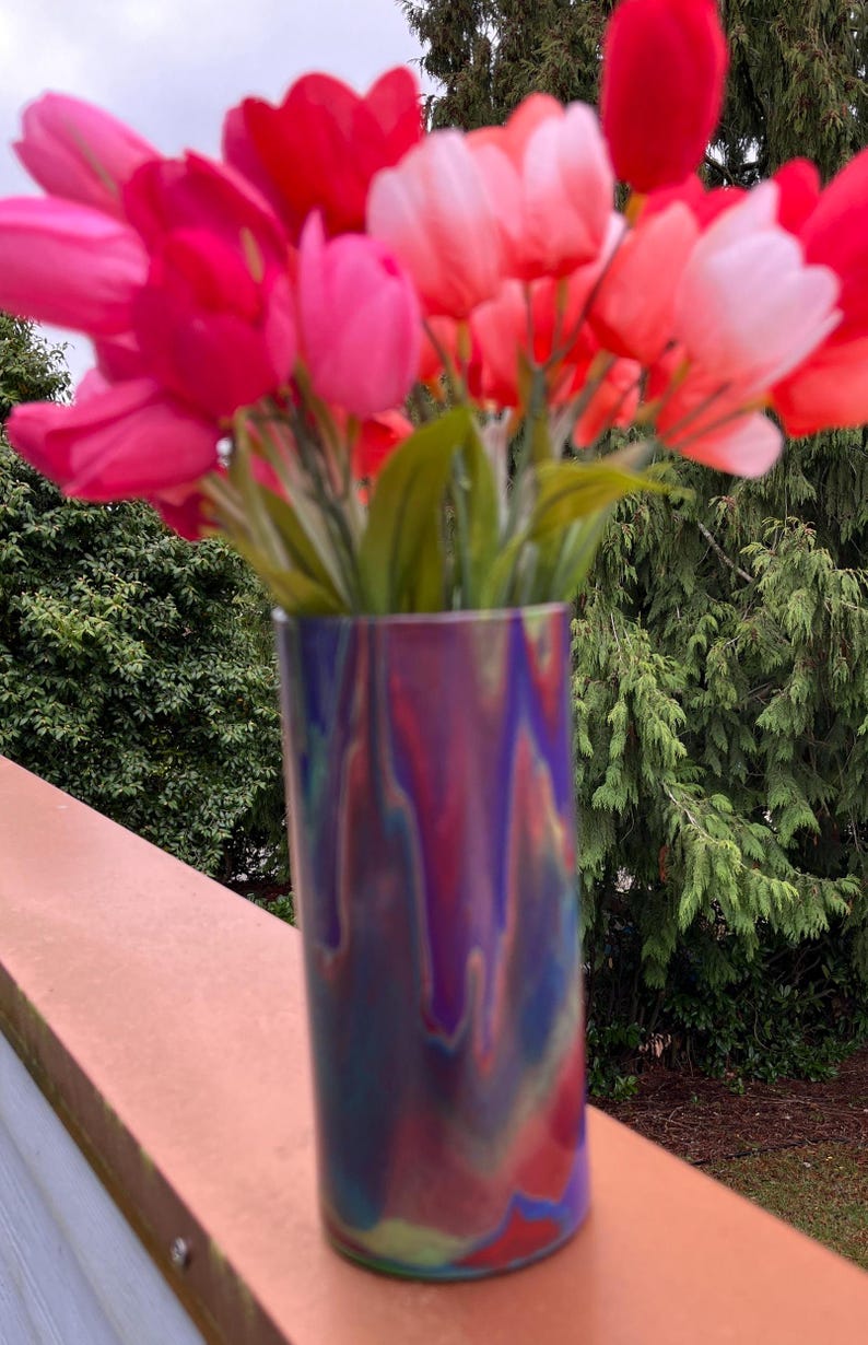 Dark Multicolor Cylinder Glass Vase Reds Blues Greens Yellow White - Etsy