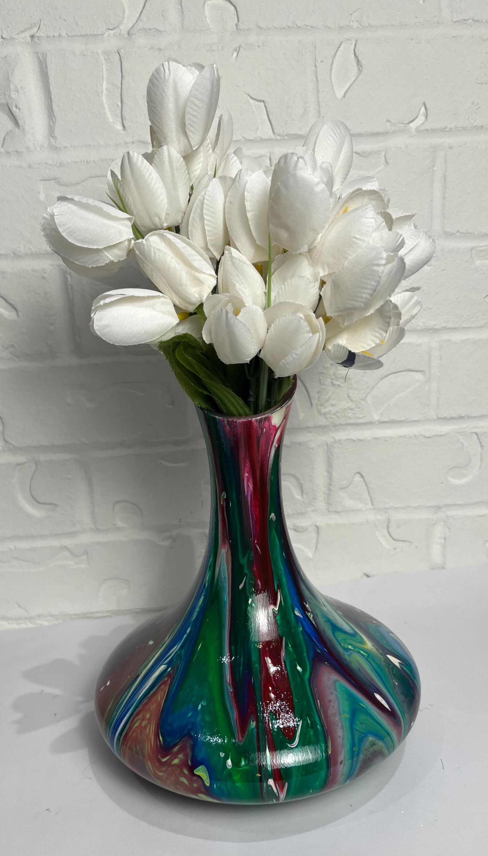 Dark Multi Colored Narrow Neck Glass Vase Hand Painted - Etsy