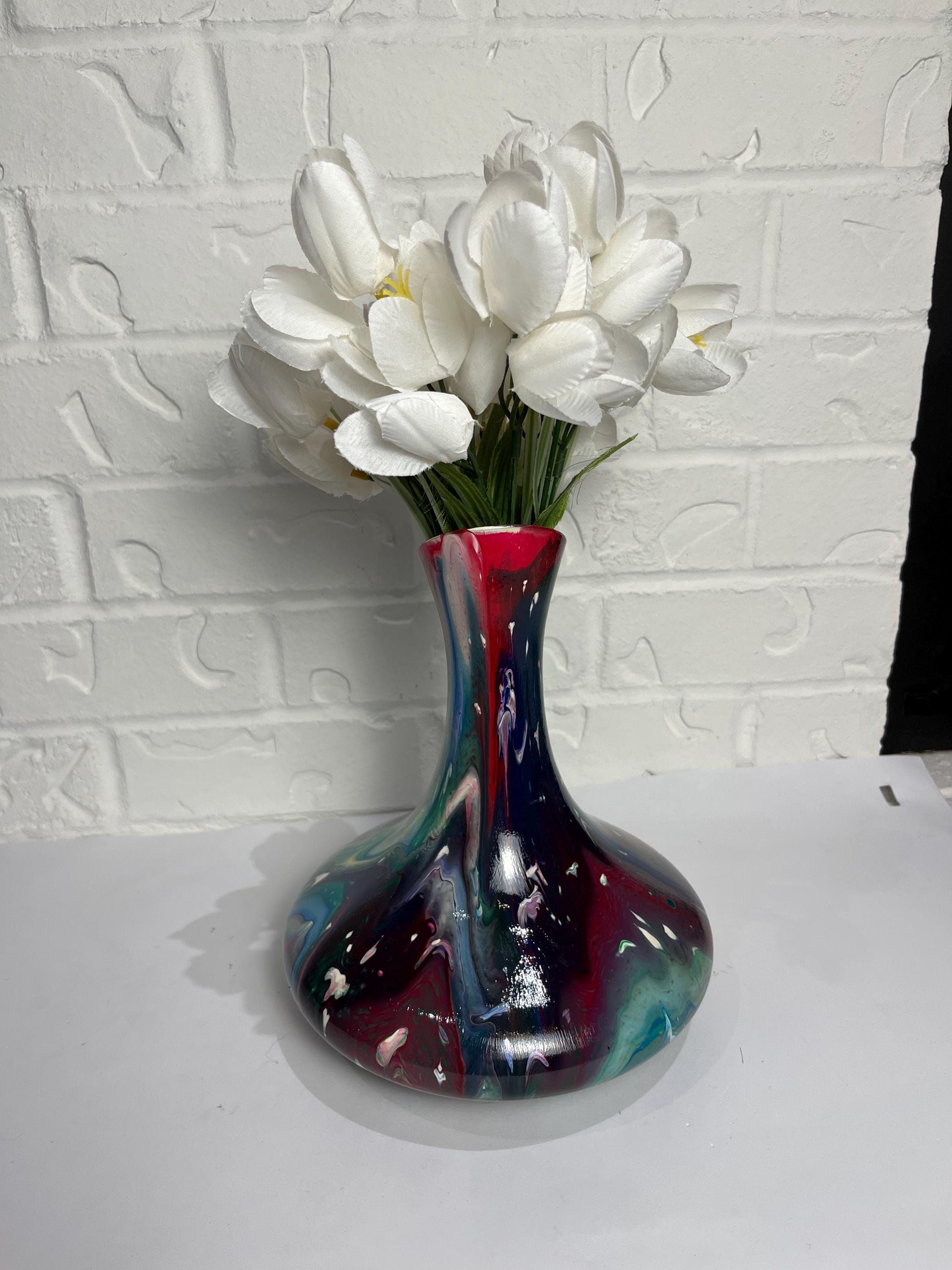 Dark Multi Colored Narrow Neck Glass Vase Hand Painted - Etsy