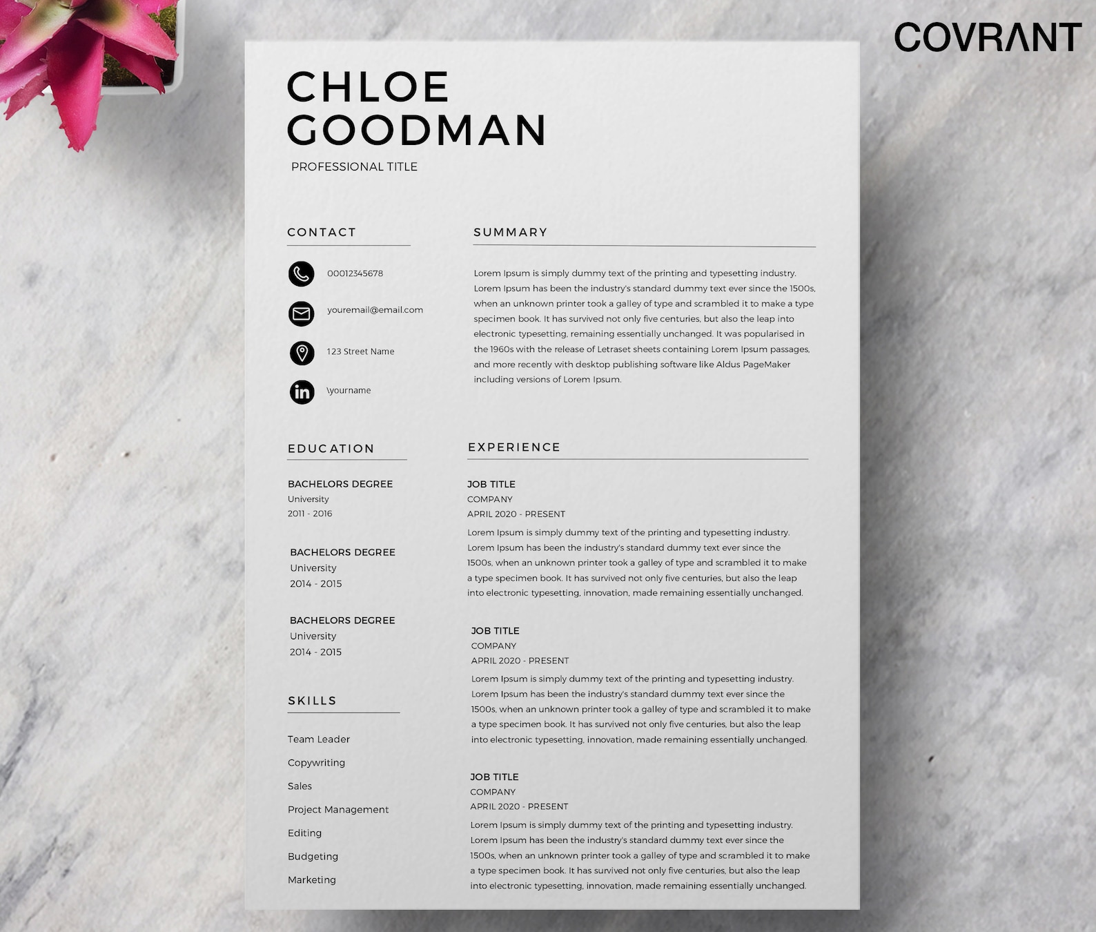 Minimalist & Modern Resume Template for Word Professional CV - Etsy