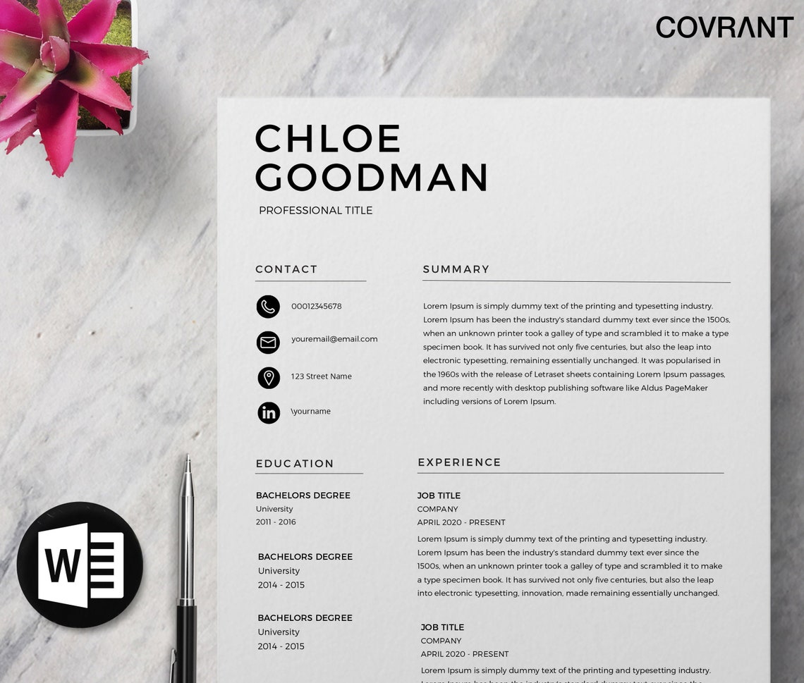 Minimalist & Modern Resume Template for Word Professional CV - Etsy