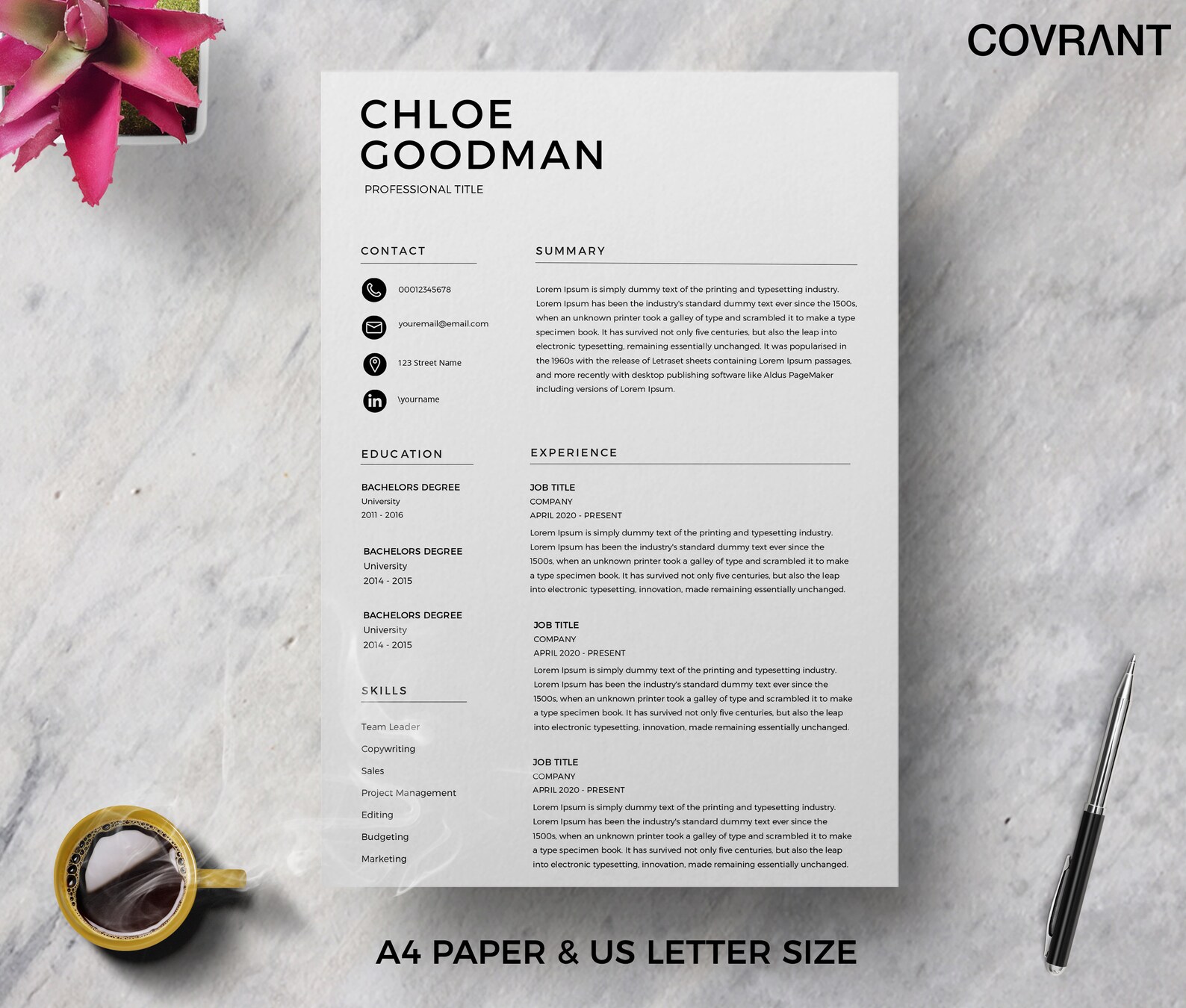 Minimalist & Modern Resume Template for Word | Professional CV | Simple ...