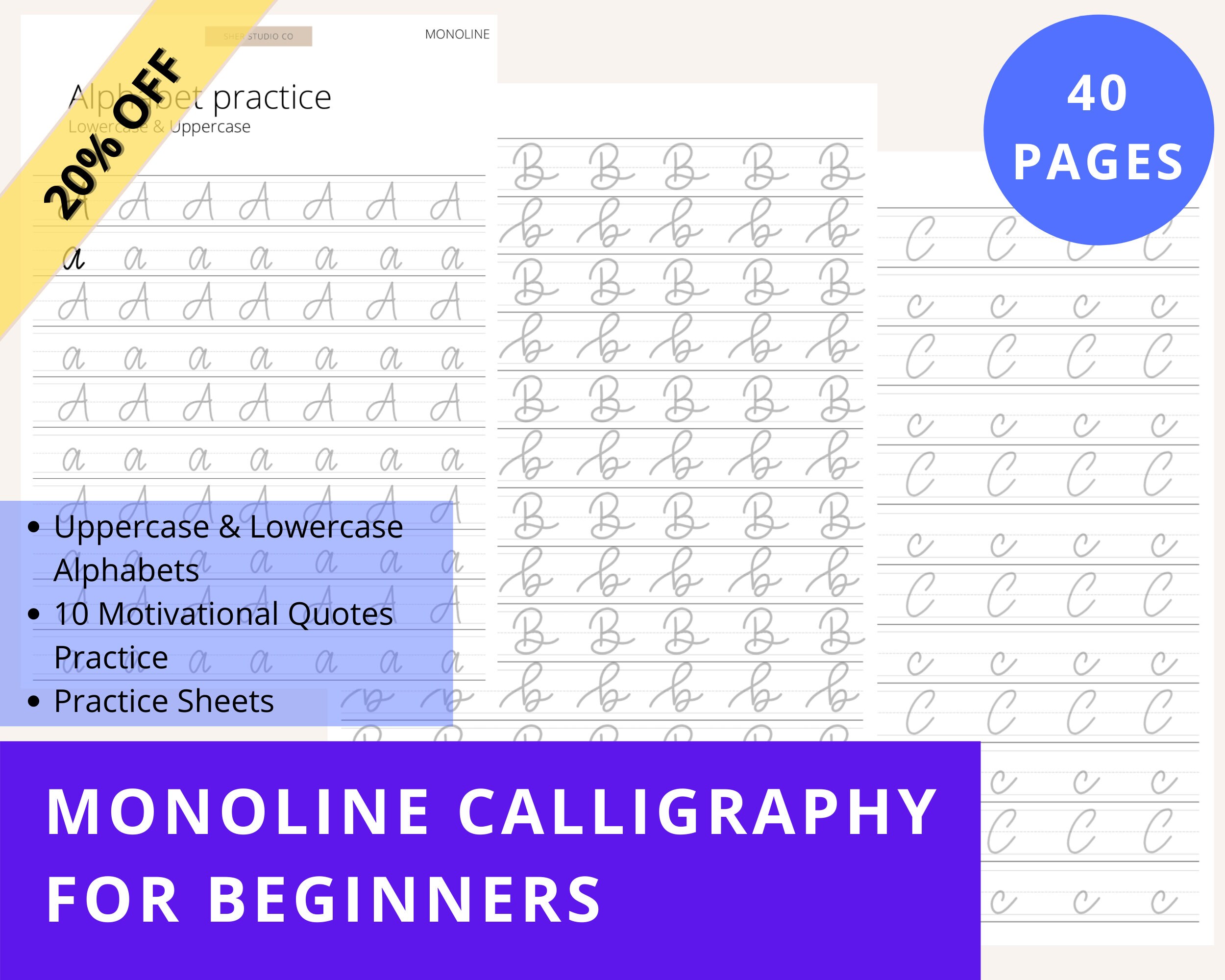 Beginners Monoline Modern Calligraphy Practice Sheet | Etsy