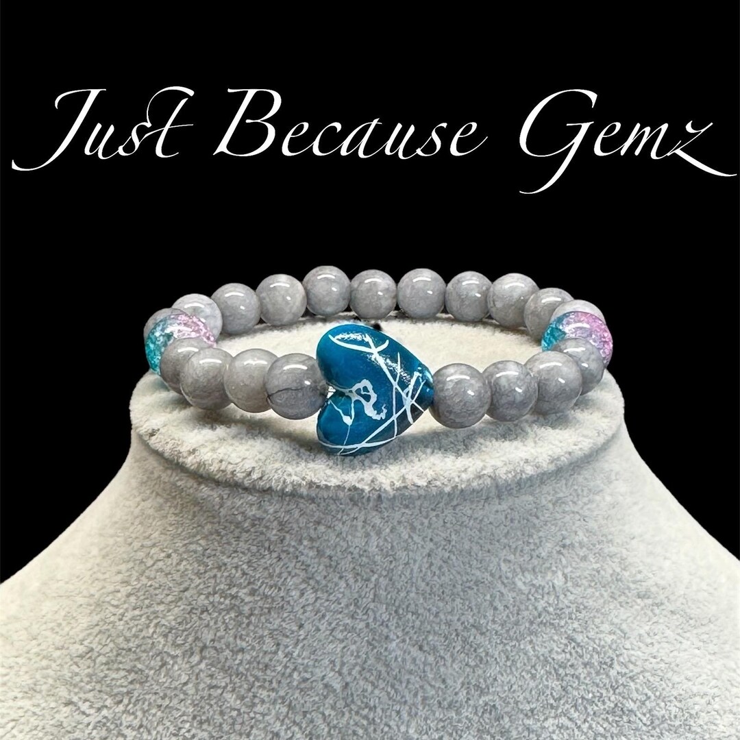 Grey Jade Healing Crystal Bracelet, Valentines Gift Heart Charm ...