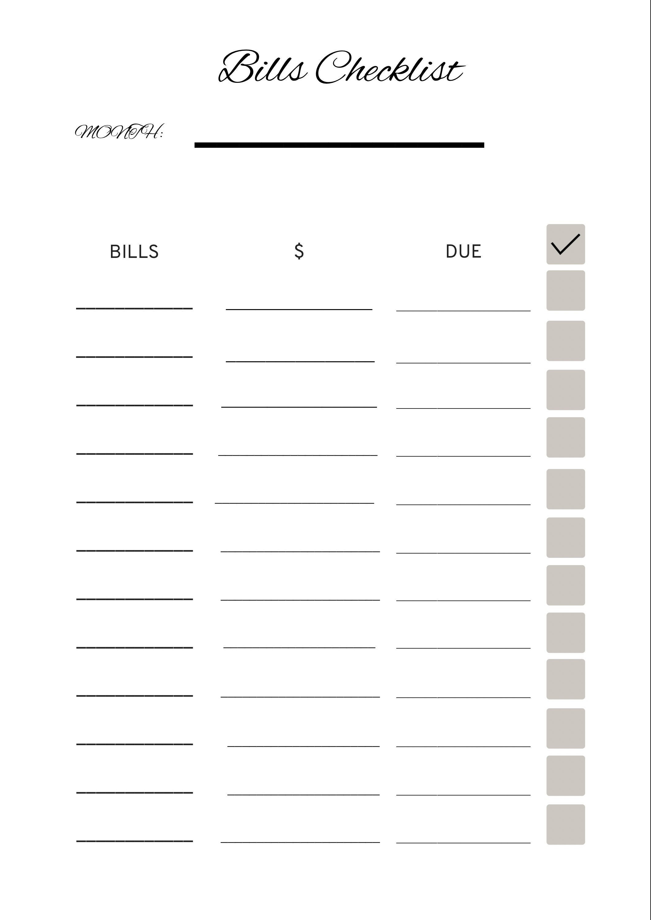 Billing Bill Tracker Billing Check List Monthly Bills Bill - Etsy