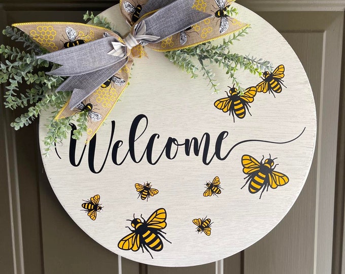 Bee Welcome Door Sign Welcome Door Hanger Bee Welcome Wreath Bee ...