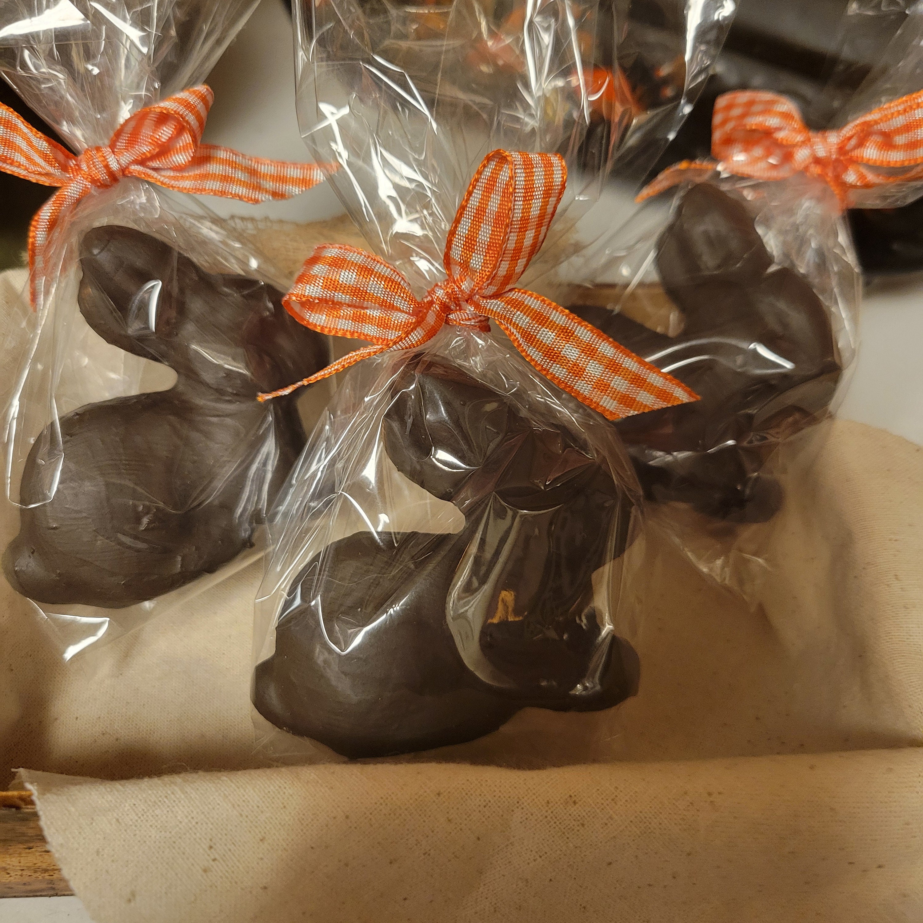 Faux fake Chocolate Bunnies in Wooden Display SET of 3 Wrapped in Cello ...