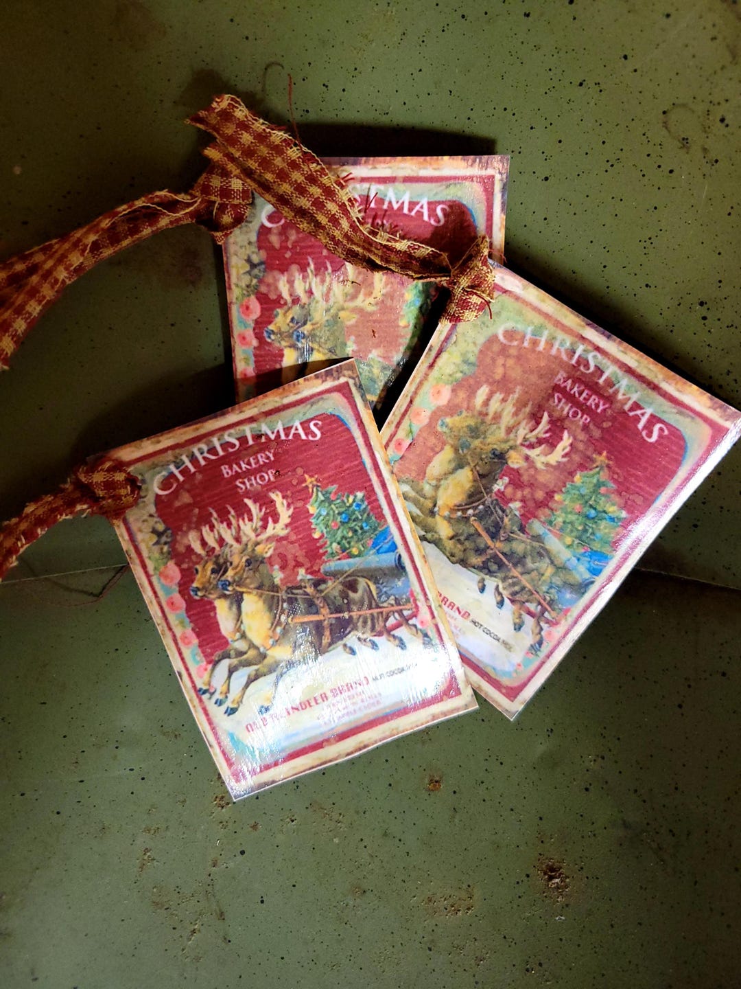 Vintage Christmas Reindeer Gift Tag, Handmade Farmhouse Ornament (set ...
