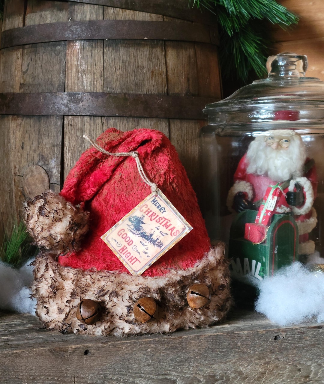 Handcrafted Primitive Farmhouse Santa Hat | Nostalgic Plush Santa With ...