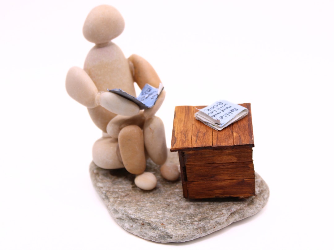 Miniature Reading Man Pebble Art Statue, Handcrafted Book Lover's ...