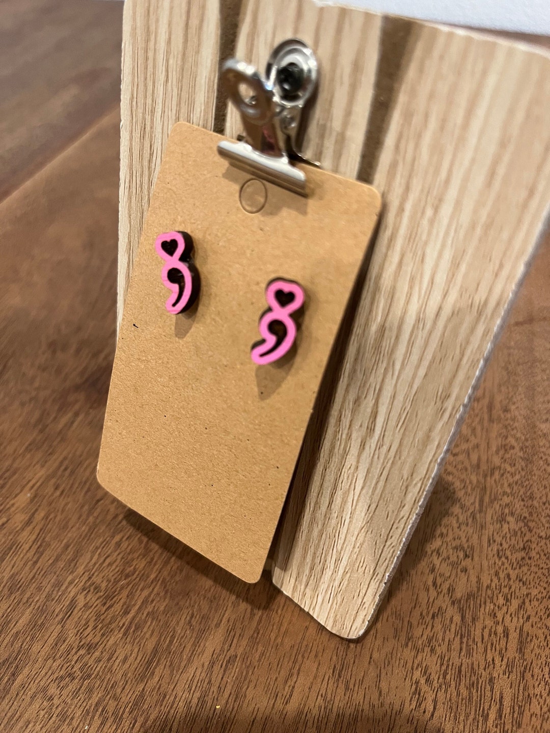 Pink Semicolon Earring, Laser Cut Earrings, Wood Earrings, Lightweight ...