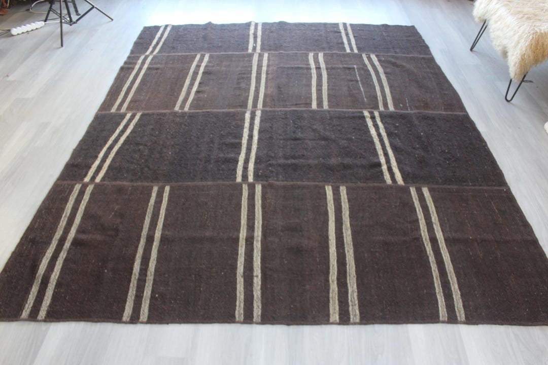 Large Brown Rug, Striped Brown Rug, Bohemian Striped Kilim Rug / N-1996 ...