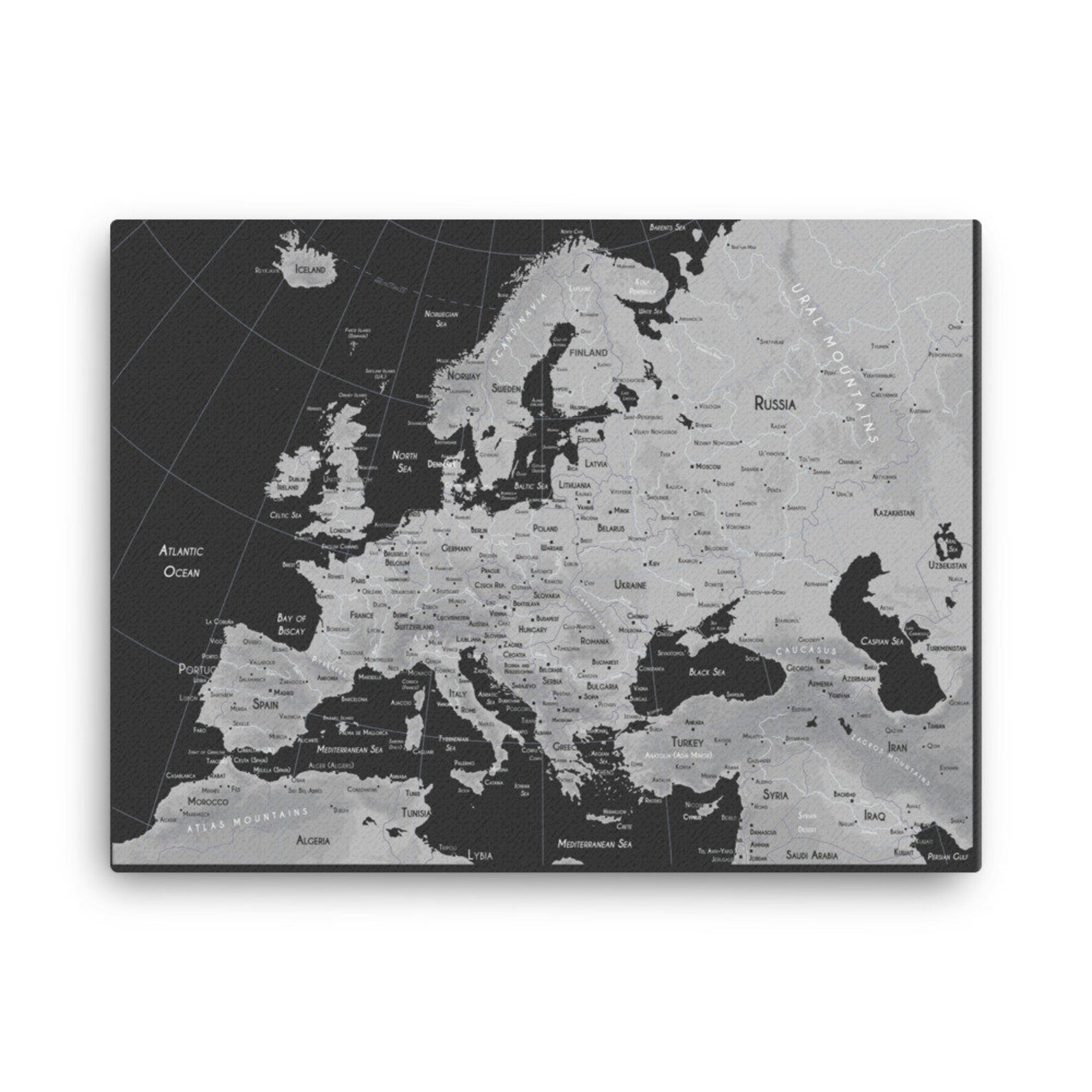 Medium Gray Tones Canvas Europe Map | 24” X 18” | Modern Europe Map ...