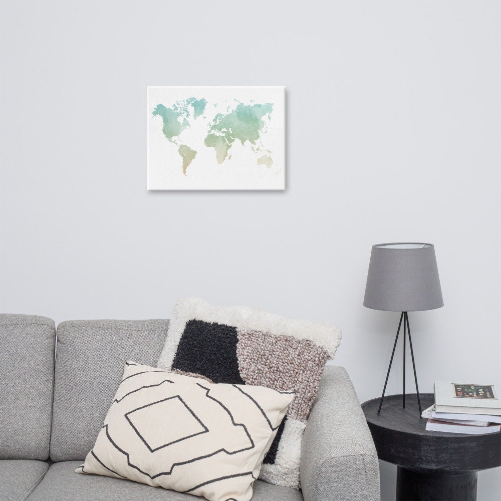Medium Blue Water Canvas World Map 24 X 18 Modern World Map Print ...