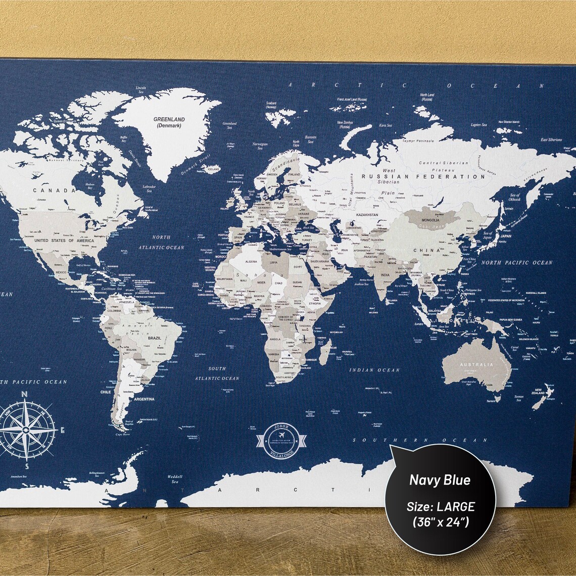 Medium Navy Blue Canva World Map 24 X 18 Modern World Map Print Travel ...