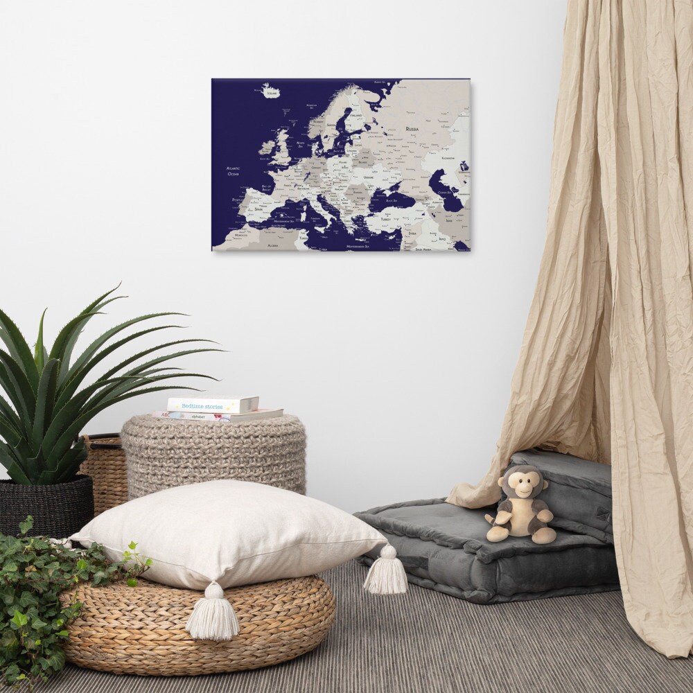 Large Navy Blue Tones Canvas Europe Map 36 X 24 Modern Europe Map Print ...