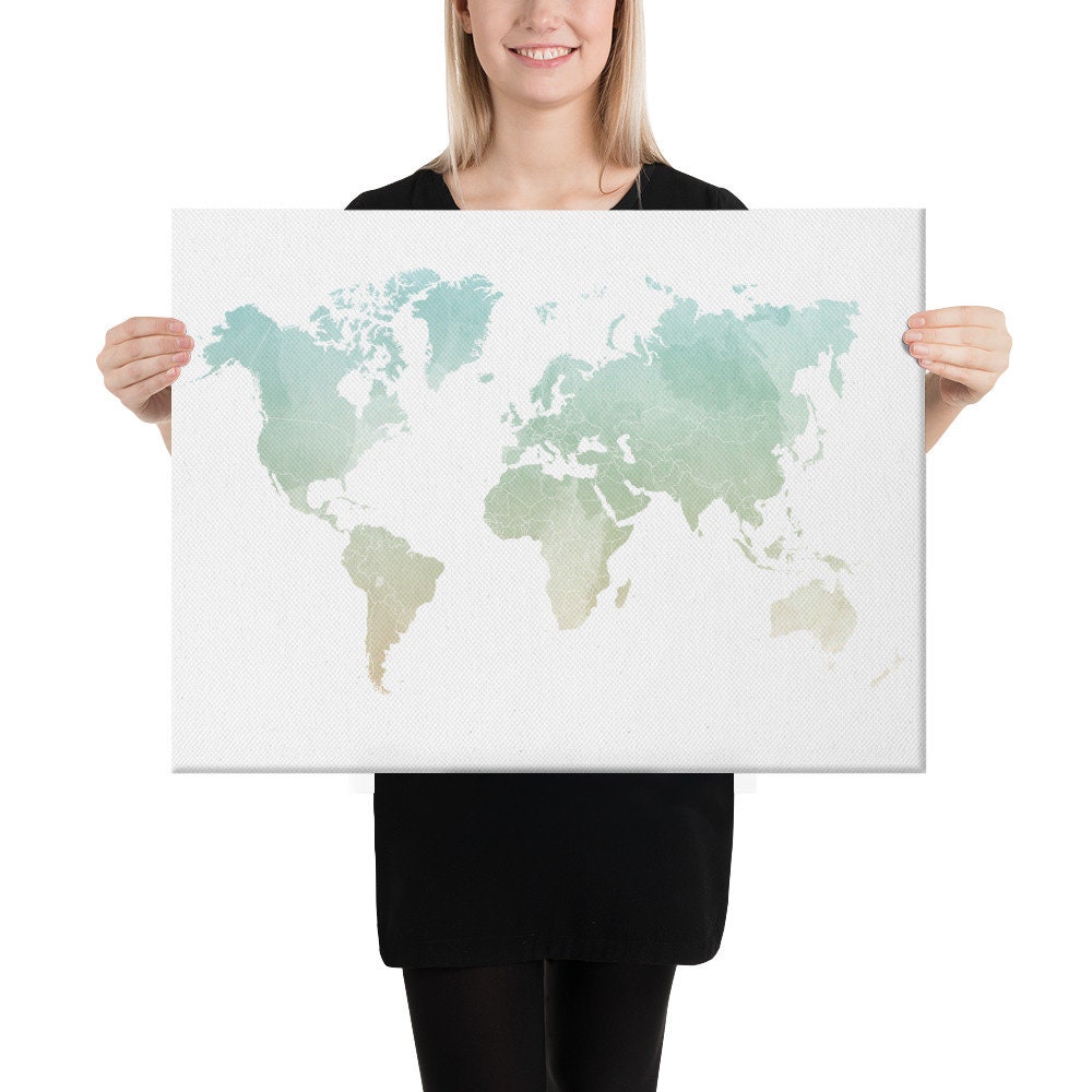 Medium Blue Water Canvas World Map 24 X 18 Modern World Map Print ...