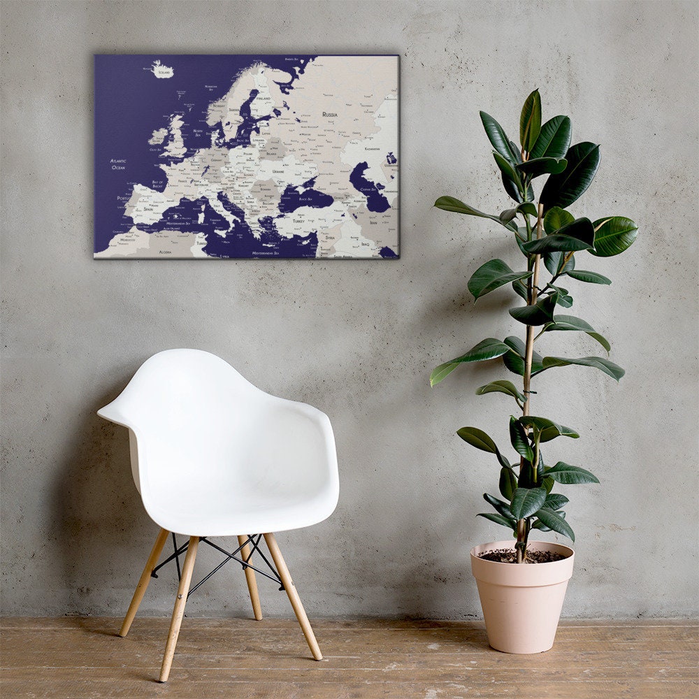 Large Navy Blue Tones Canvas Europe Map 36 X 24 Modern Europe Map Print ...