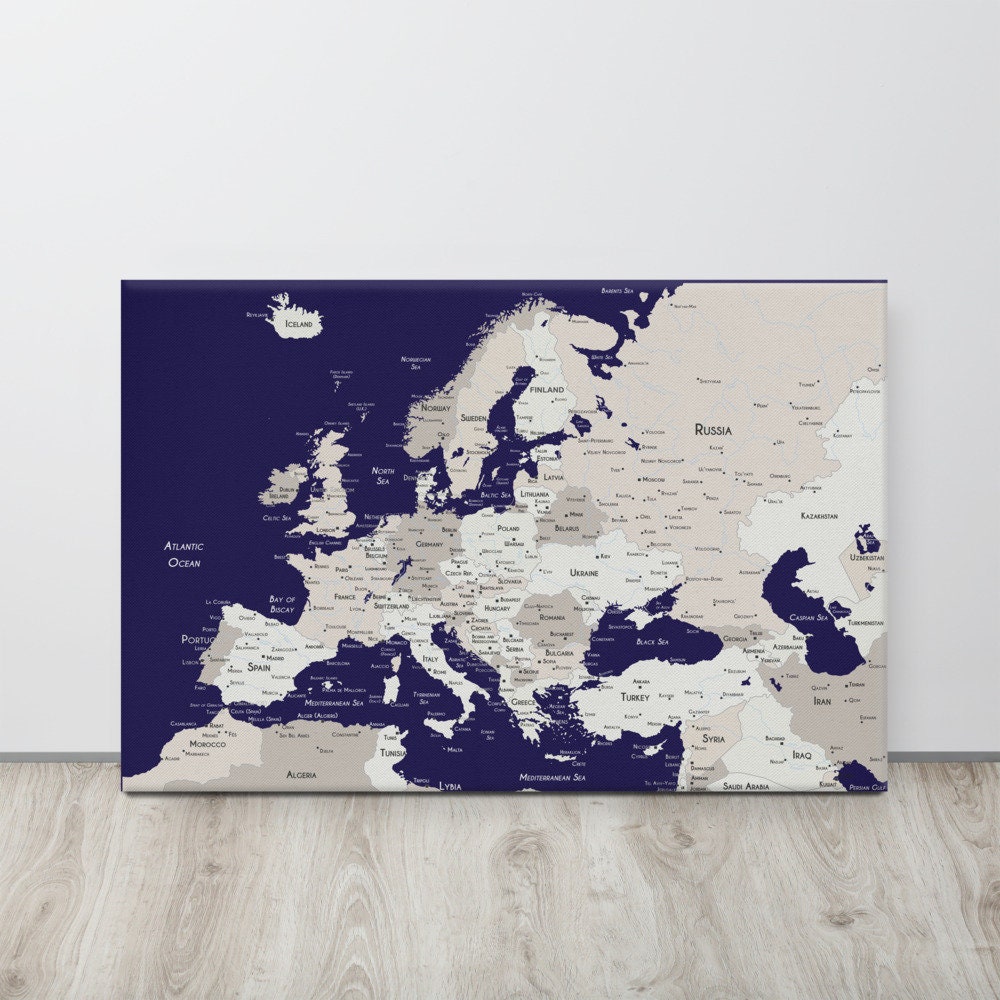 Large Navy Blue Tones Canvas Europe Map 36 X 24 Modern Europe Map Print ...