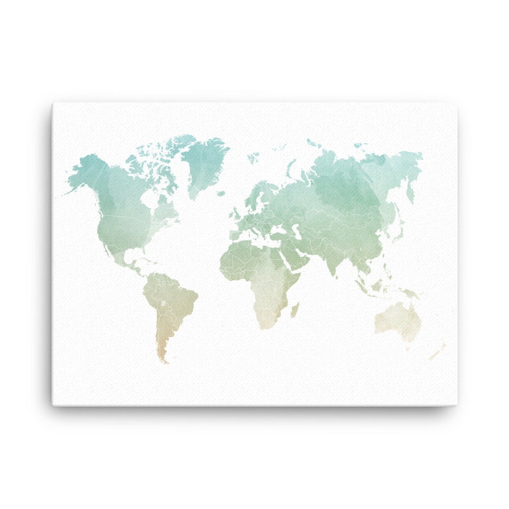 Medium Blue Water Canvas World Map 24 X 18 Modern World Map Print ...