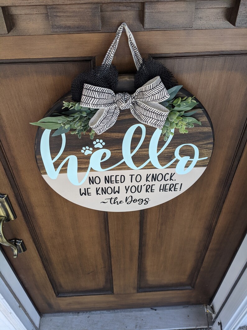 Wood Circle Sign Hello Door Hanger Teal Door Hanger Dog - Etsy