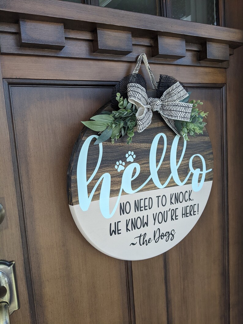 Wood Circle Sign Hello Door Hanger Teal Door Hanger Dog - Etsy