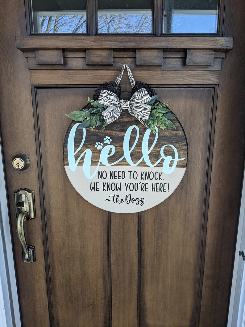 Wood Circle Sign Hello Door Hanger Teal Door Hanger Dog - Etsy