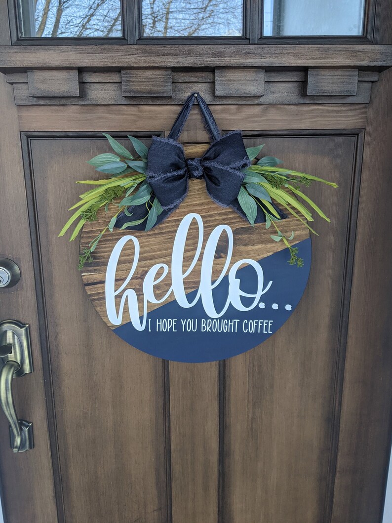 Round Wood Sign Hello Door Hanger Welcome Sign Circle - Etsy
