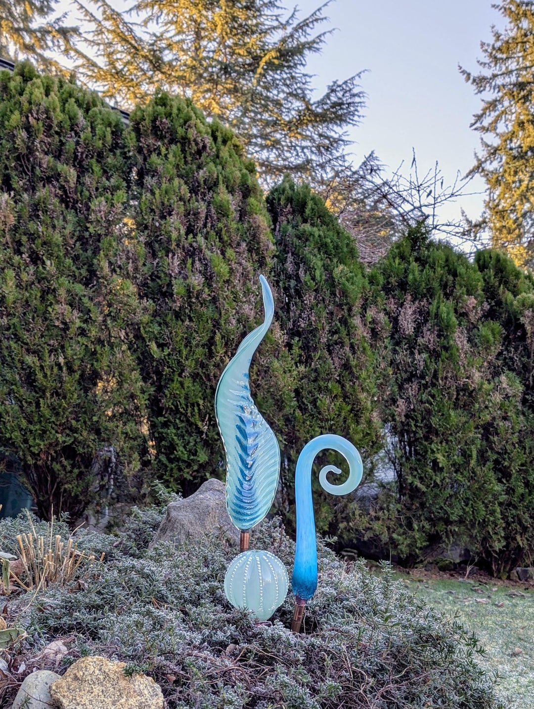 MALA #1220 Celadon/aqua Set of 3: Leaf, Fiddle, Urchin Glass Garden Art ...