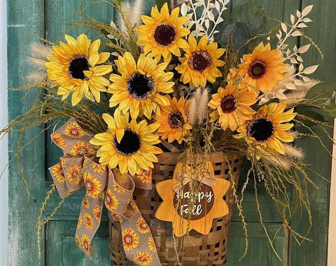 Sunflower Front Door Basket, Fall Door Decor, Sunflower Hanger, Fall ...
