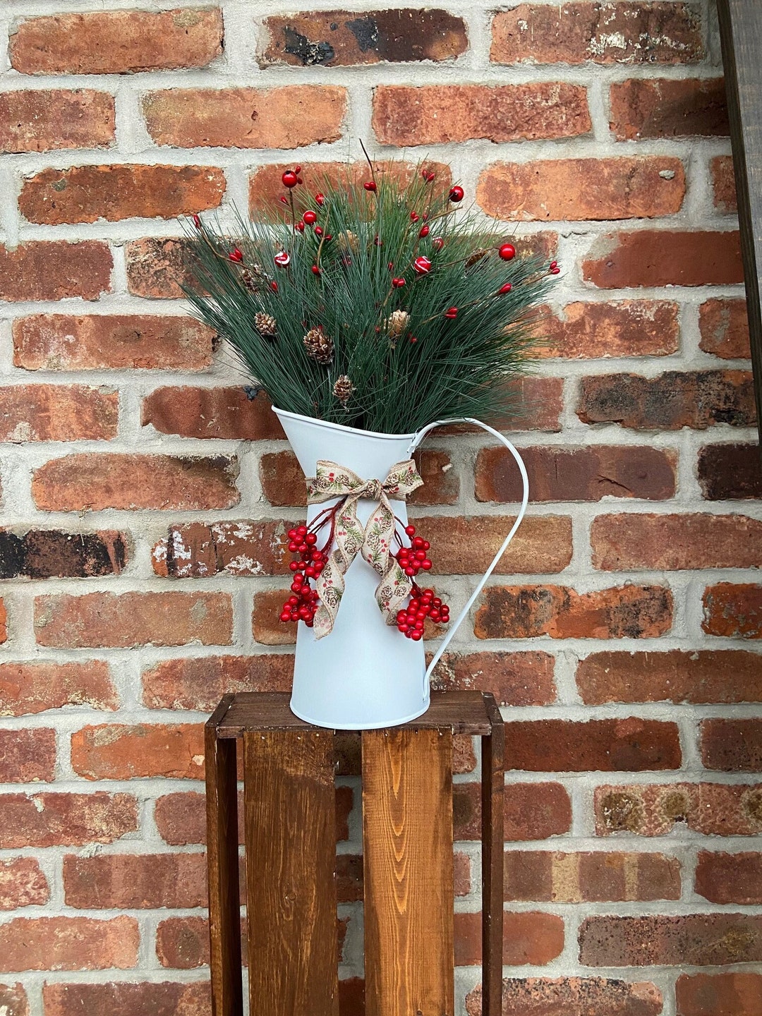 Christmas Pitcher Centerpiece, White Pitcher With Pine and Pinecones ...