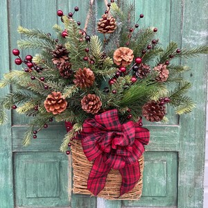 Pine Winter Basket for Front Door, Pine Greenery Basket, Pinecone and ...