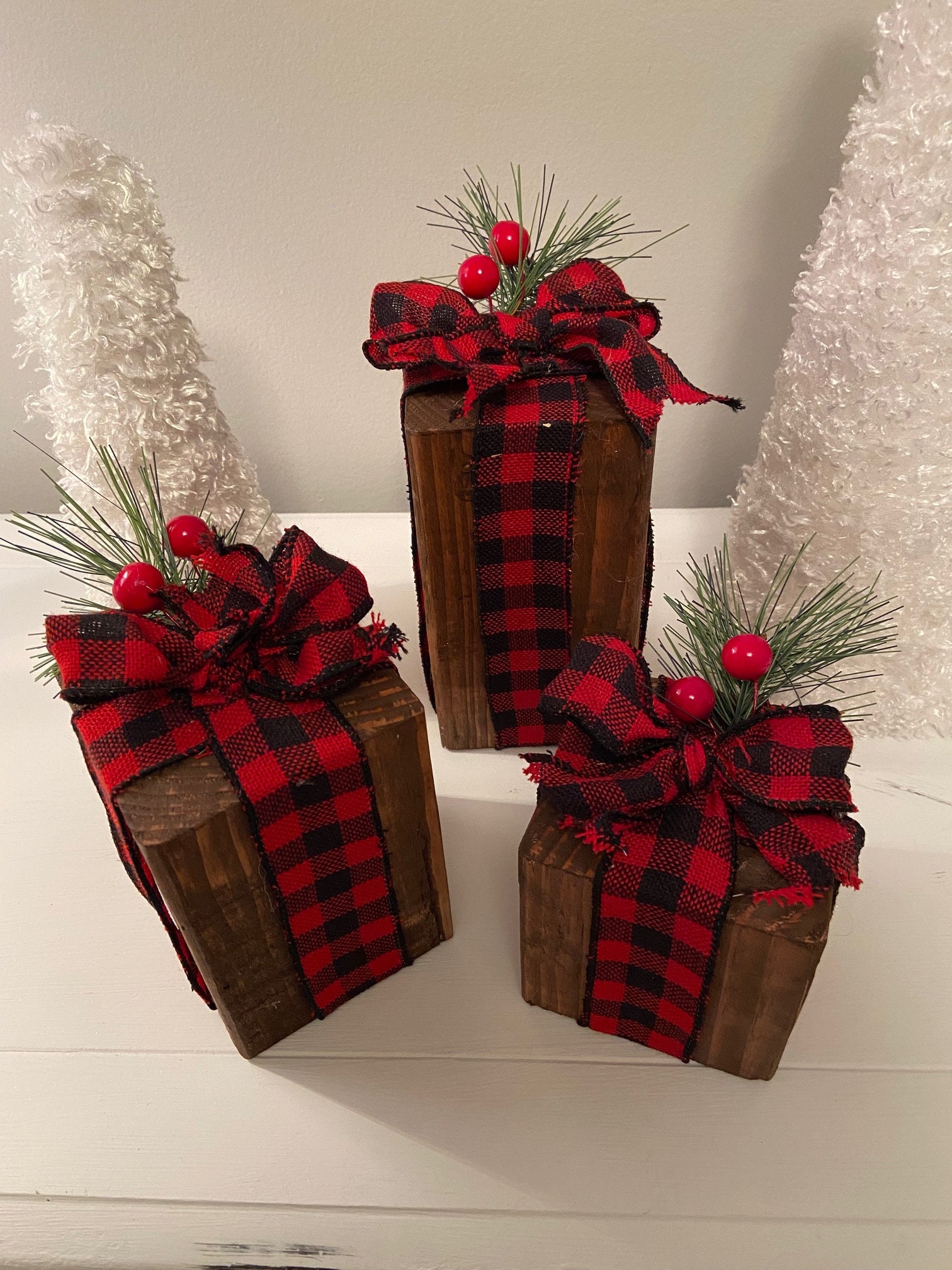 Rustic Wood Christmas Present Trio: Plaid Ribbon Holiday Decor - Etsy